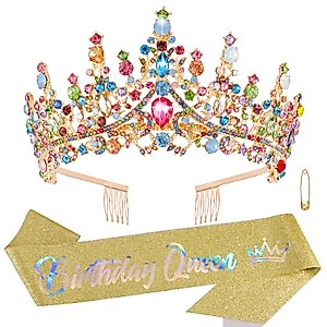 ATODEN Birthday Queen Tiara Crown Sash Tiaras and Crowns for Women Girls Crystal Princess Tiara Rhinestone Headbands Quinceanera Crown Multicolor Headpieces Happy Birthday Decorations