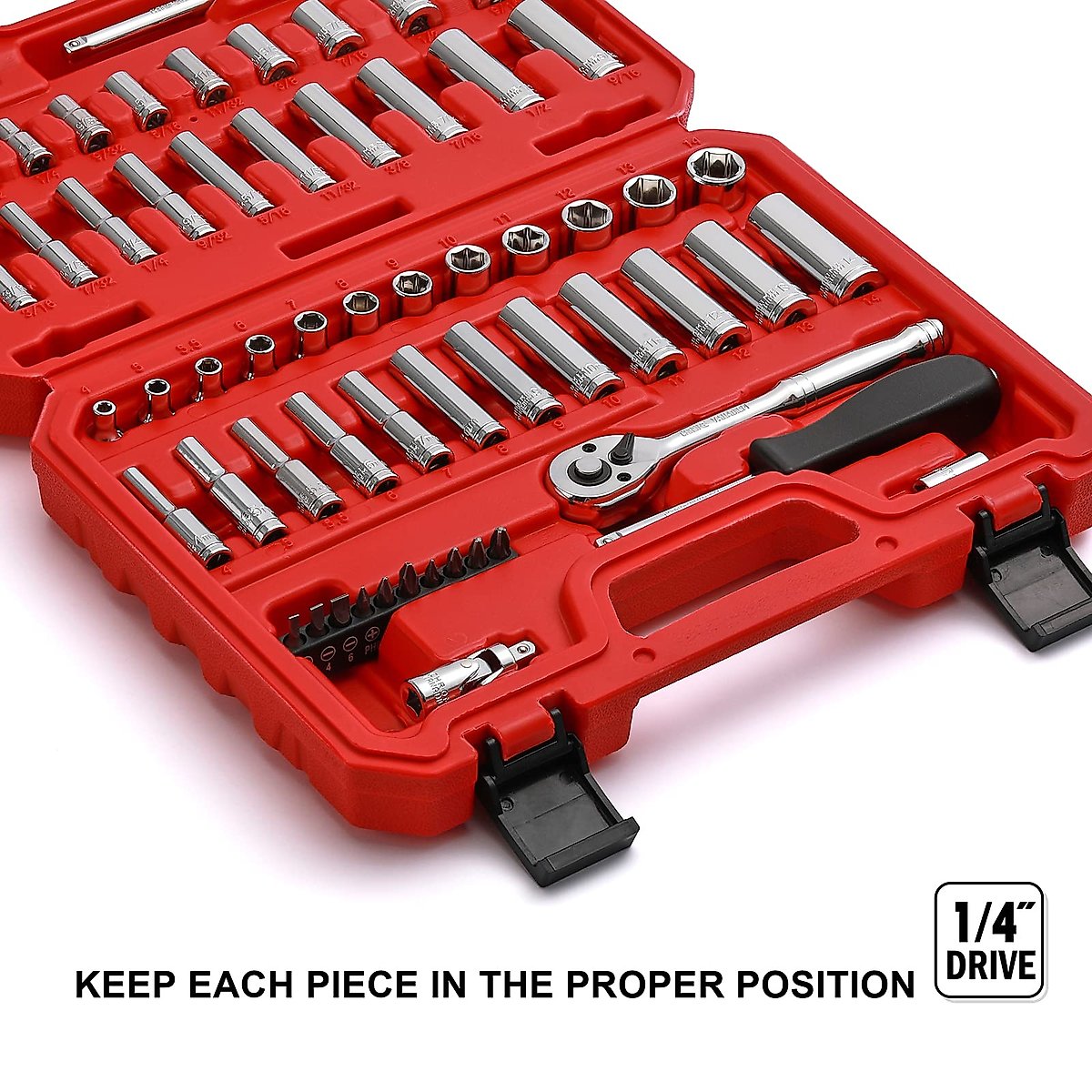 EMENTOL 62PCS 1/4" Drive Master Socket Set with Ratchets, CR-V, SAE/Metric Socket Set, Ratchet Handle, Coupler, Spinner Handle, Impact Extension Bars, Bits Set, Universal Joint
