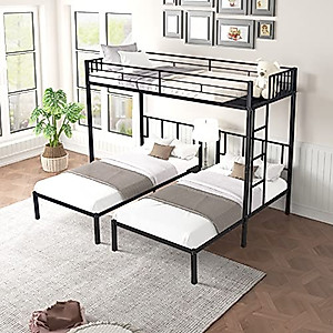 POCIYIHOME Twin Size Triple Bunk Beds with Built-in Storage Shelf, Can Be Separated Into 3 Single Twin Beds, Metal Triple Bunk Bed with Guardrail for Bedroom, Space-saving, No Box Spring Needed, Black