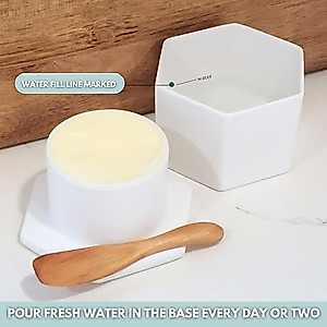French Butter Crock w/Lid & Wood Spreading Knife - White Modern Butter Keeper for Counter - Modern Hexagon Shape Butter Dish - Stoneware Butter Crock - Dishwasher Safe Butter Storage