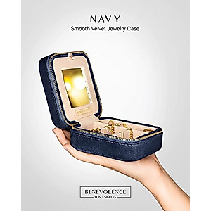 Plush Velvet Travel Jewelry Box Organizer | Travel Jewelry Case, Jewelry Travel Organizer | Small Jewelry Box for Women, Jewelry Travel Case | Earring Organizer with Mirror - Navy Blue