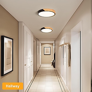 Vikaey Modern LED Ceiling Light, Minimalist Wood Flush Mount Ceiling Light Fixture, 4000K Not Dimmable, Circle Lighting Lamp with Acrylic Lampshade for Bedroom Laundry Room Hallway (Black,11.8")