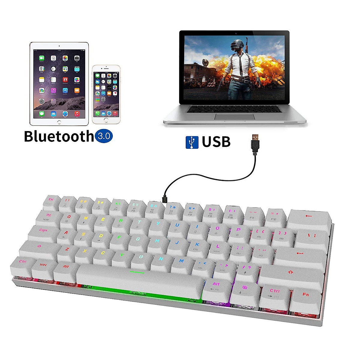 MOTOSPEED 60% Dual-Mode BT5.0/Type-C Mechanical Keyboard, 61 Keys Bluetooth Mechanical Keyboard,Gaming/Office Keyboard for PC/Mac Gamer (Red Switch, White)