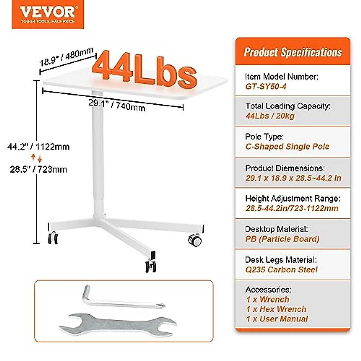 VEVOR 28.5"-44.2" Gas-Spring Height Adjustable Sit-Stand Desk 360° Swivel Wheels (2 Lockable) Portable Rolling Laptop Table Computer Cart for Home Office School, 44LBS Loading, 29.1 x 18.9 inch, White