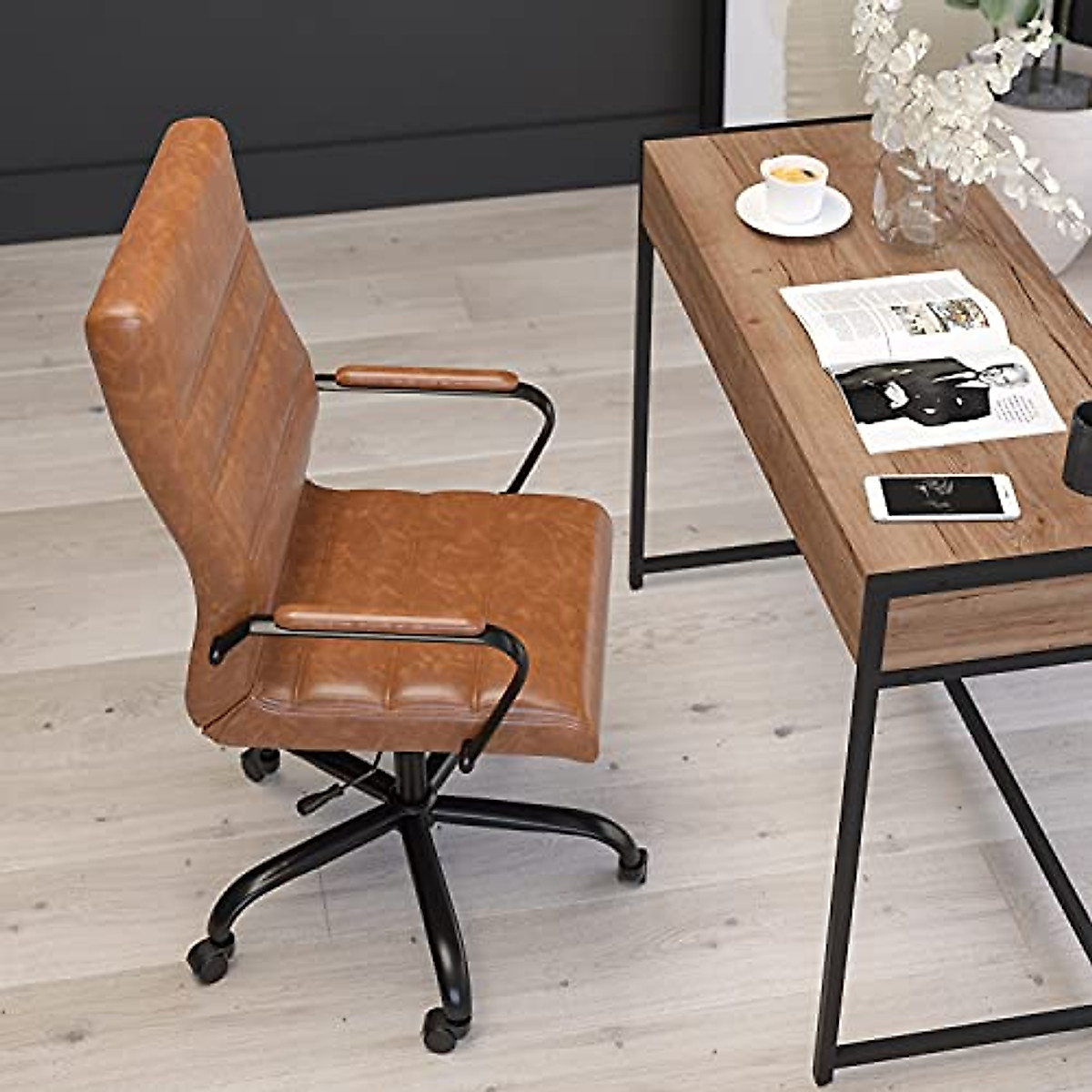 Merrick Lane Milano Contemporary High-Back Brown Faux Leather Home Office Chair with Padded Black Arms