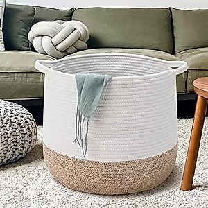 Rope Basket Woven Storage Basket 17.3x 15 x 14.1 Inches Cotton Blanket Organizer Laundry Basket Large，Baby Nursery Containers White Home Decor Gift