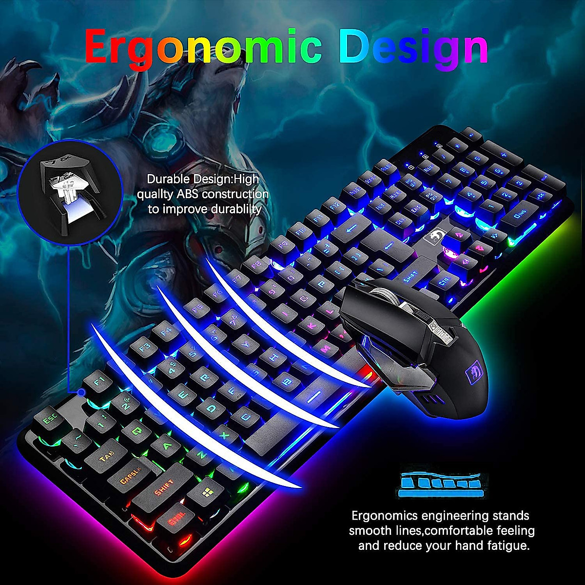 Wireless Gaming Keyboard Mouse and Wrist Rest Combo Rainbow Backlight Silent Mechanical Feel Keyboard with 7 Color Breathing Mute Mice Memory Foam Cushion Hand Rest for Computer PC Gamer