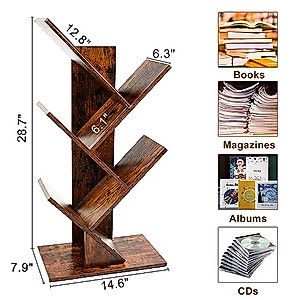 HXXUYY 4 Tier Tree Bookshelf Free Standing Bookcase Rust Brown Storage Book Self for Books,Albums,CDs,Magazines, Wooden Morden Book Storage Rack Display for Office/Livingroom/Bedroom