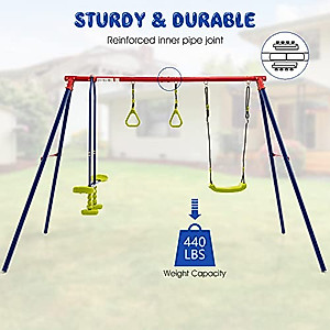 OLAKIDS Swing Sets for Backyard, Outdoor 3 in 1 A-Frame Heavy Duty Metal Stand for Kids and Adults, 440LBS Playground Activity Playset with Swing Seat, Glider, Trapeze Rings for Toddlers