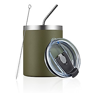 MEWAY 12 oz Lowball, Tumbler Stainless Steel Double Wall Vacuum Insulated Mug with Straw and Lid, Cleaning Brush ，Durable Powder Coated Insulated Coffee Cup for Cold & Hot Drinks (Army Green,4 pack)