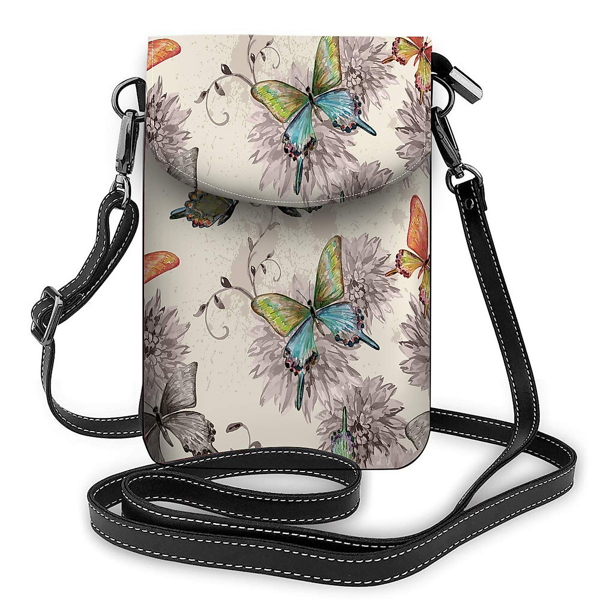 Beabes Vintage Flying Butterflies Crossbody Cell Phone Purse Flower Oriental Floral Botanical Art NatureWallet Handbag