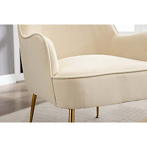 Bellemave Velvet Accent Chair,Modern Upholstered Leisure Arm Chair with Gold Metal Legs,Thickly Padded,Guest Chair Vanity Chair Club Chairs for Living Room Bedroom Office（Cream White）, W52752188