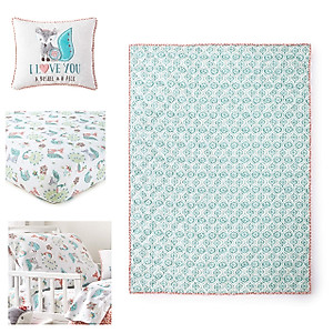 Levtex Baby - Fiona Toddler Bed Set - Pink, Aqua, White - Woodland Forest Theme - 5 Piece Set Includes Reversible Quilt, Fitted Sheet, Flat Sheet, Pillow Case, Decorative Pilow