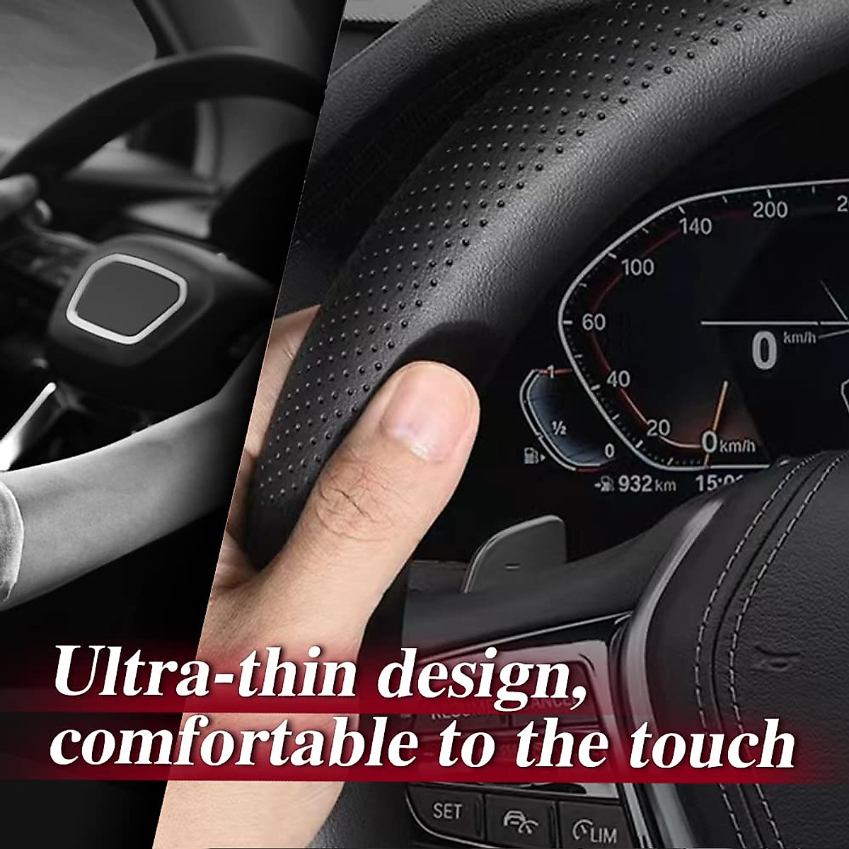 YOUDAXIN Nappa Leather Slim car Steering Wheel Cover, Comfortable, Non-Slip, Simple Perforated Design, Universal 15". Black