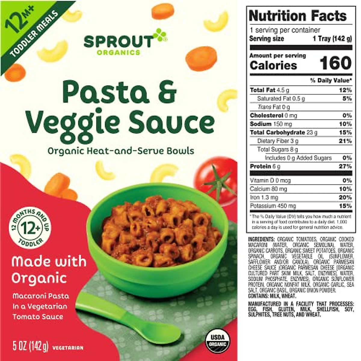 Sprout Organic Baby Food, Toddler Meals, Macaroni Pasta with Vegetarian Tomato Sauce, 5 Oz Bowl (8 Count)