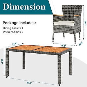 Shintenchi 7 Piece Patio Dining Set, Wicker Patio Conversation Set with Wood Table Top, Outdoor Table and Chairs with Soft Cushions for Backyard, Deck and Garden, Grey Rattan