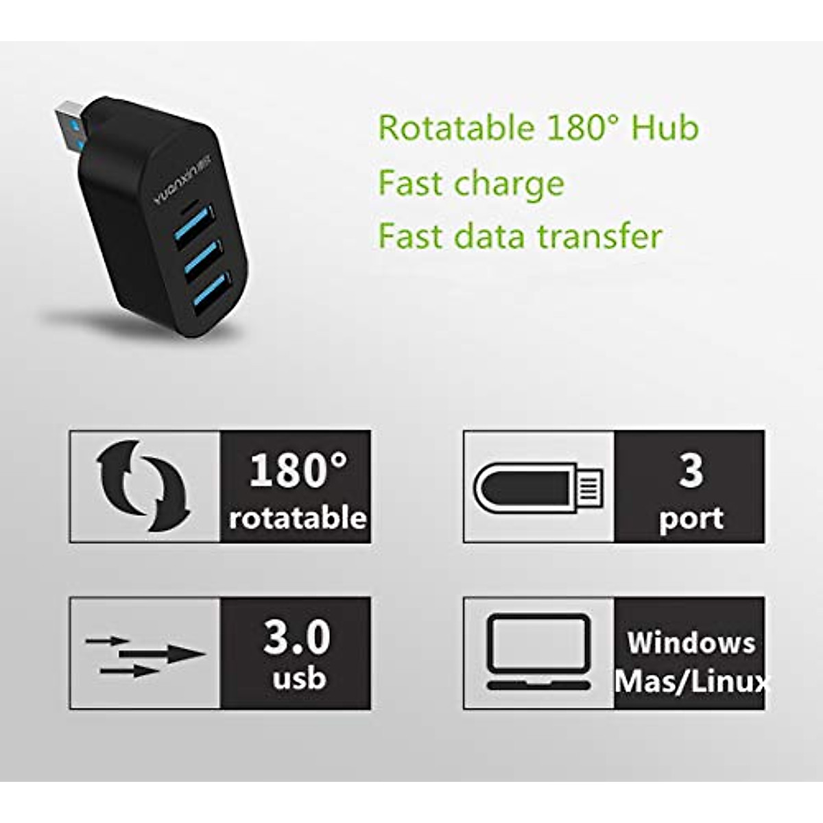 Hipipooo USB Splitter 90°/180° Rotatable 3.0 USB Port Expander Mltiport USB to USB Adapter Portable Hubs for Windows Laptop, Xbox, Wii,PS3, PC, MAC, Mac Book, Tablet, Tab (Black)