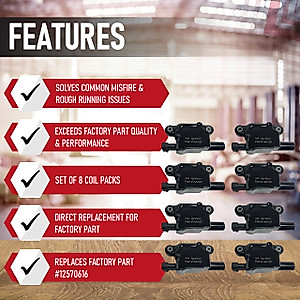 Ignition Coil Pack Set of 8 - Replaces 12570616, D510C - Compatible with Chevy, GMC, Pontiac, Cadillac 5.3L, 6.0L V8 - G8, Grand Prix, Tahoe, Yukon, Silverado, Impala, Trailblazer, Avalanche