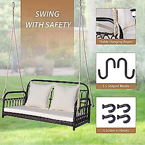Tangkula Outdoor Wicker Porch Swing, 2-Person Hanging Seat with Seat & Back Cushions, Heavy-Duty Metal Frame & 2 Sturdy Hanging Ropes, Wicker Woven Swing Loveseat for Front Porch, Backyard (Off White)