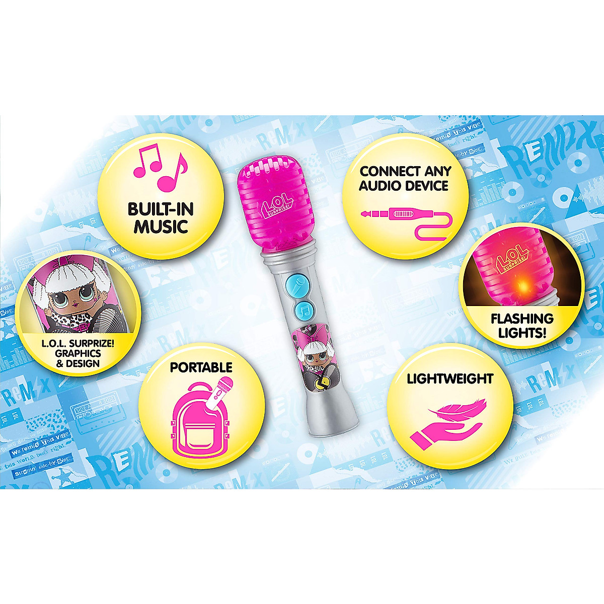 eKids LOL Surprise OMG Remix Toy Microphone for Kids with Built in Music and Flashing Lights, Musical Toy Designed for Fans of LOL Surprise Toys for Girls Pink Small