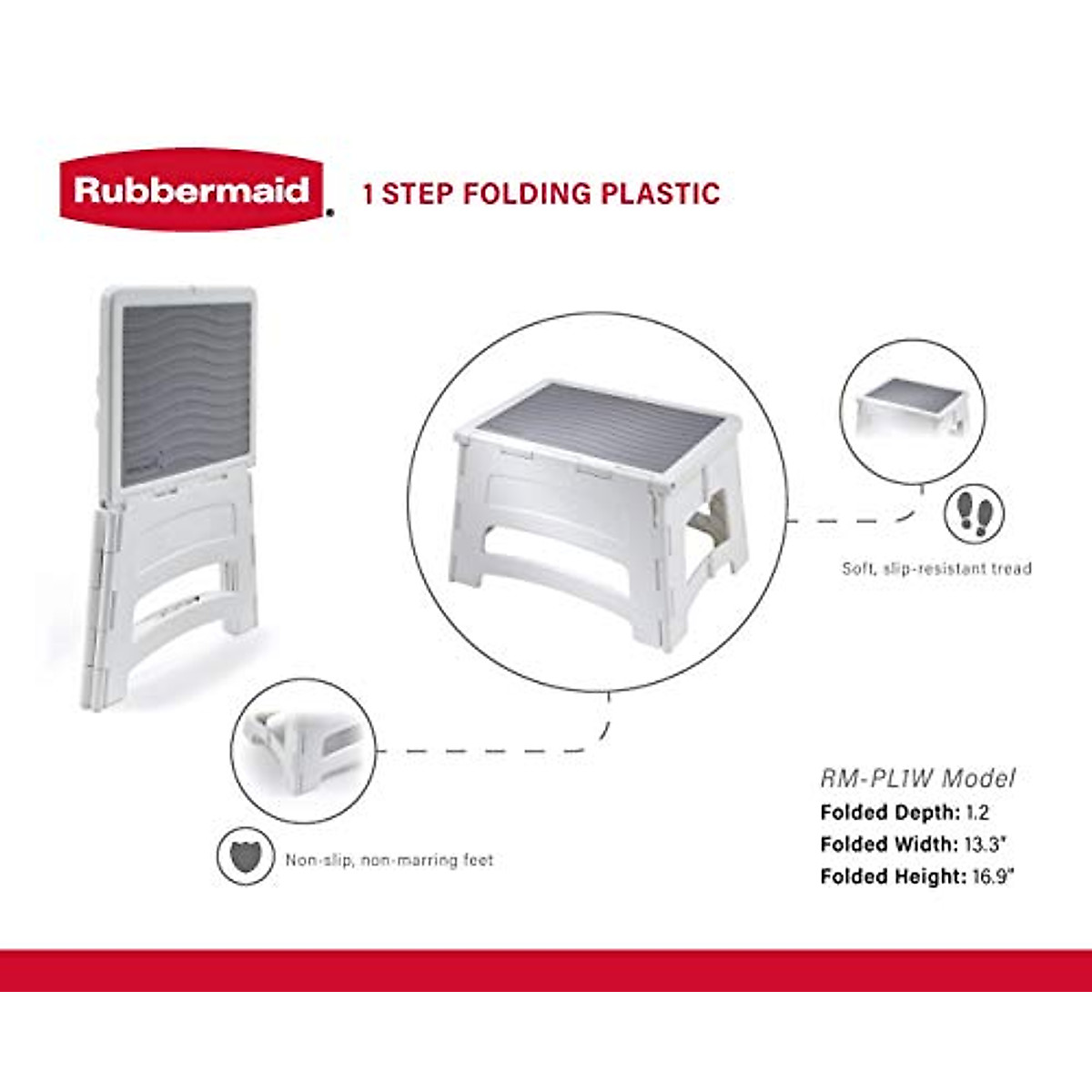 Rubbermaid RM-PL1W Folding 1-Step Plastic Stool, 300-pound Capacity, White