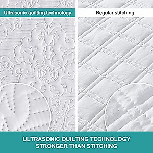 Hansleep Quilt Set King - Quilt King Size Bedding Set Damask, Lightweight Bedspread Coverlet White, Ultrasonic Quilting No Stitch