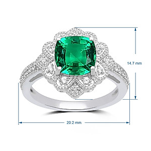 Jewelili Sterling Silver 8x8 MM Cushion Shape Created Emerald and 1/6 Cttw Natural White Round Diamond Ring, Size 7