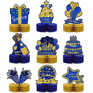 9 Pieces Blue Gold Birthday Table Decorations Happy Birthday Honeycomb Centerpieces Glitter Table Toppers, Blue and Gold Party Decorations for Kids Baby Shower, Men and Woman Birthday Supplies