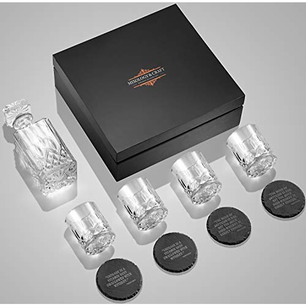 Mixology Whiskey Decanter and Glass Set for Men, Crystal Bourbon Decanter Set with 10oz Whiskey Glasses in a Classy Gift Box, Perfect for Scotch, Bourbon and Cognac - Gifts for Men