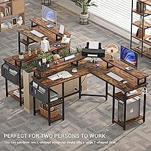 Aheaplus L Shaped Gaming Desk with Power Outlets & LED Lights, Corner Computer Desk with Monitor Stand and Storage Shelf, Home Office Writing Desk with Storage Bag, Rustic Brown