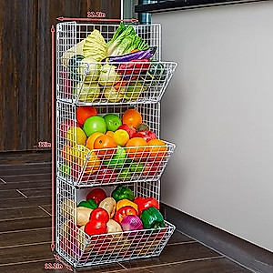 X-cosrack Metal Wire Basket Wall Mount, 3 Tier Wall Storage Basket Organizer with Hanging Hooks Chalkboards, Rustic Kitchen Fruit Produce Bin Rack Bathroom Tower Baskets (White)