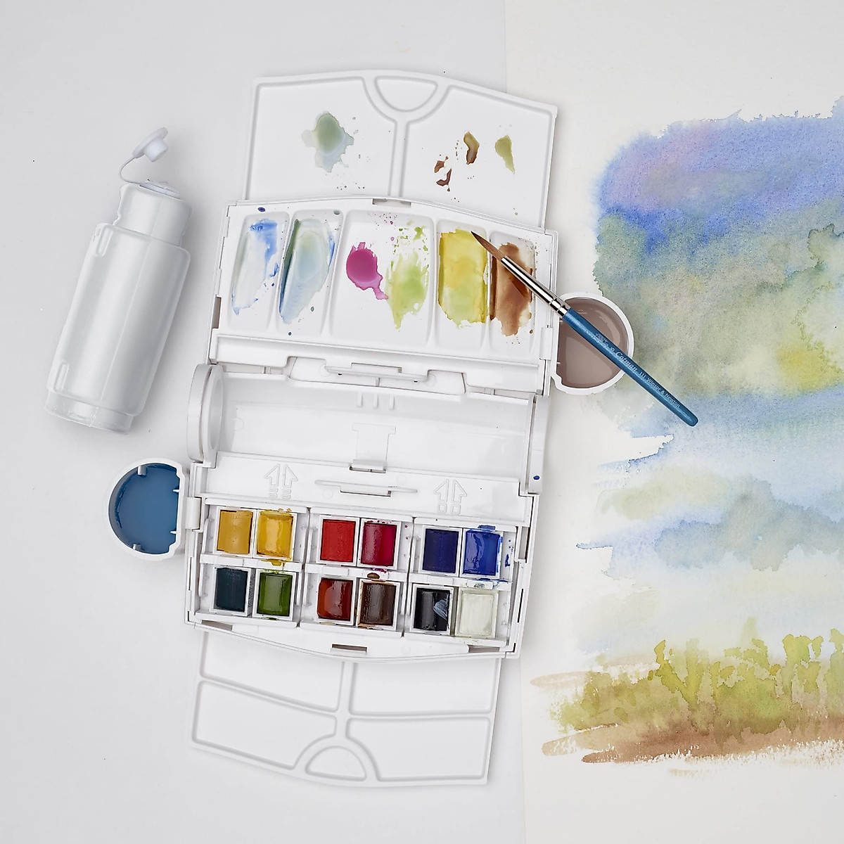 Winsor & Newton Cotman Watercolor Paint Set, Field Travel Set, 12 Half Pan w/ Brush, Mixing Palette, Bottle