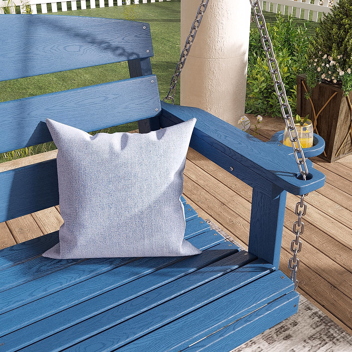 VICLLAX Outdoor Hanging Porch Swing, HDPE Patio Swing Chair with Cup Holders, 2 Seat Swing Chair Bench for Courtyard & Garden, 600LBS Weight Capacity, Dark Blue