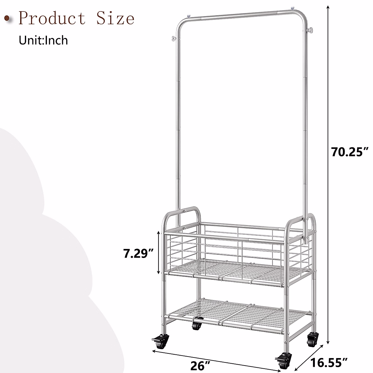 SUOERNUO Laundry Basket with Wheels Rolling Laundry Hamper Laundry Sorter Cart Shelf Hanging Rack,Grey