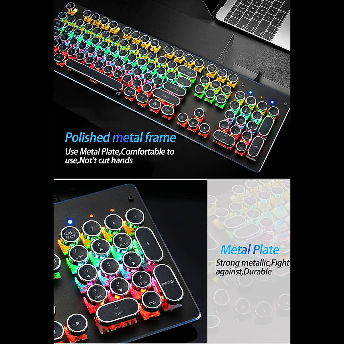 Peiiwdc Retro Punk Typewriter, Mechanical Gaming Keyboard,Blue Switches,USB Wired,Cool Wired Retro Steam Punk Typewriter Round Keycaps 104keys White