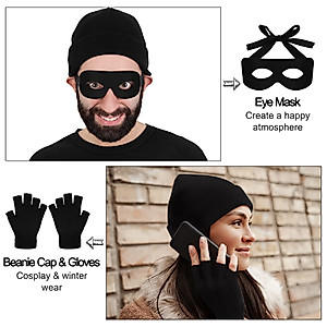 SOMSOC Adult Halloween Robber Costume Set Include Short Sleeves Stripe T-shirt Beanie Cap Dollar Sign Money Bag Eye Mask Half-finger Gloves for Halloween Cosplay Pirate Burglar Theme Party, Small