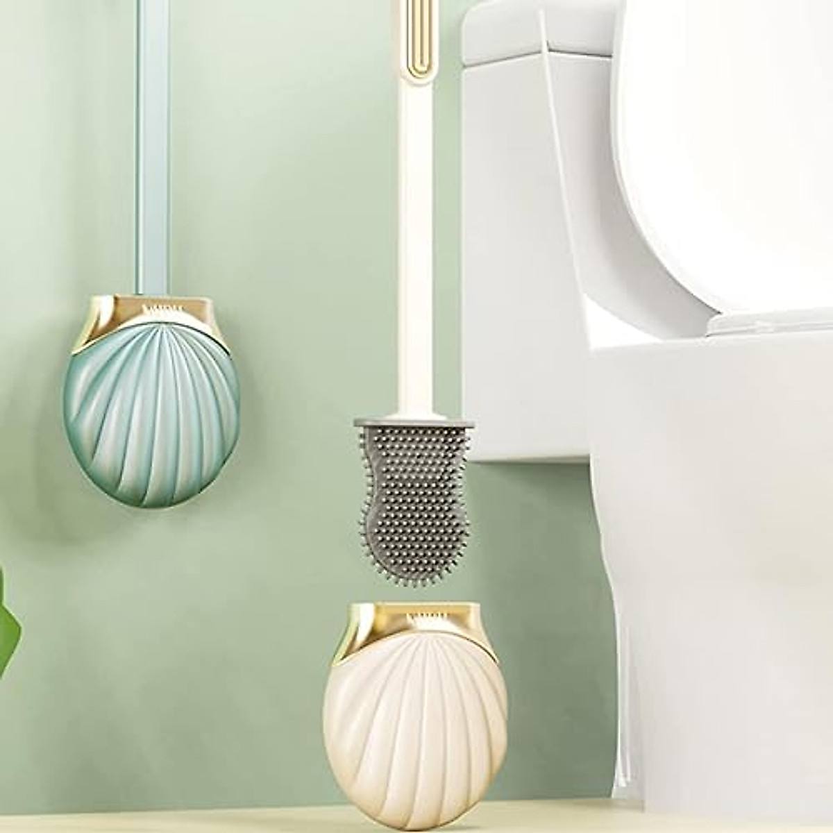 AAMNA Shell Toilet Brush and Holder Wall-Mounted Toilet Cleaning Brushes w/Long Plastic Handle and Soft Silicone Bristles Bathroom Deep Cleaner