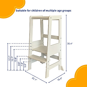 Damoch Family™ Kitchen Learning Stool Wooden Adjustable Height Kitchen Help Stool for Toddlers Patented Design (White)