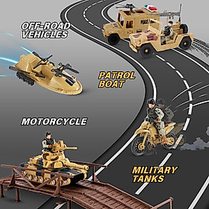 Liberty Imports 42 PCS Military Base Toy Combat Zone Playset - Battle Site with Tanks, Boat, Motorcycle, Trucks, Army Men Soldier Action Figures, Weapons, and Accessories for Kids