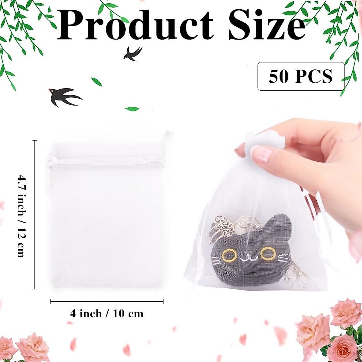Organza Bags, 50 Pcs White Organza Bags, Small Mesh Bags Drawstring, Jewelry Bags Drawstring, Mesh Gift Bags, Sachet Bags Empty, Wedding Favor Bags for Baptism Party Favor Christmas Baby Shower(4x4.7)