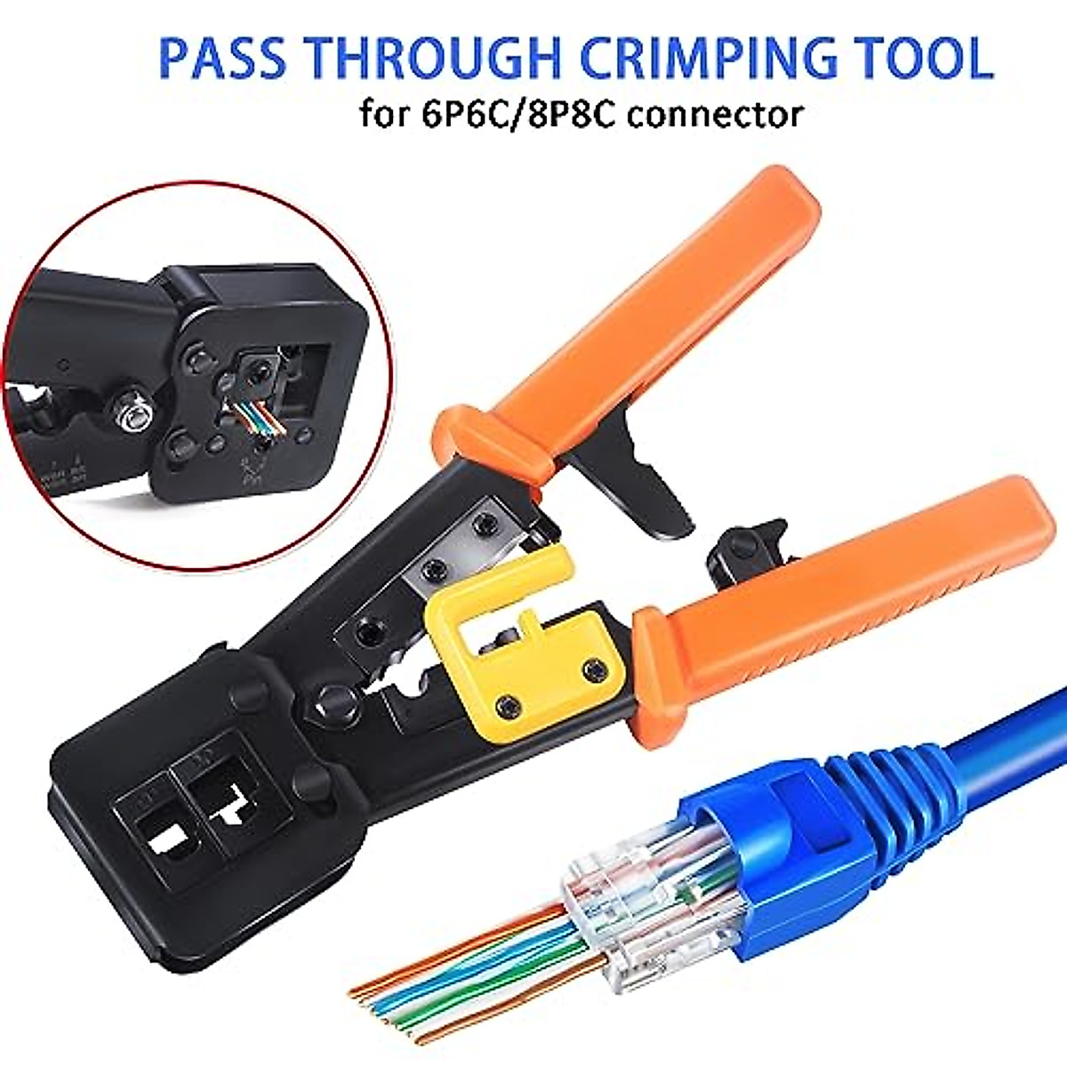 RJ45 Crimp Tool Ethernet Crimper for RJ45 Cat6 Cat5 Cat5e Pass Through Connectors and RJ12 Plug Ends with 50PCS RJ45 Cat6 Connectors, RJ45 Cable Tester and Mini Wire Stripper