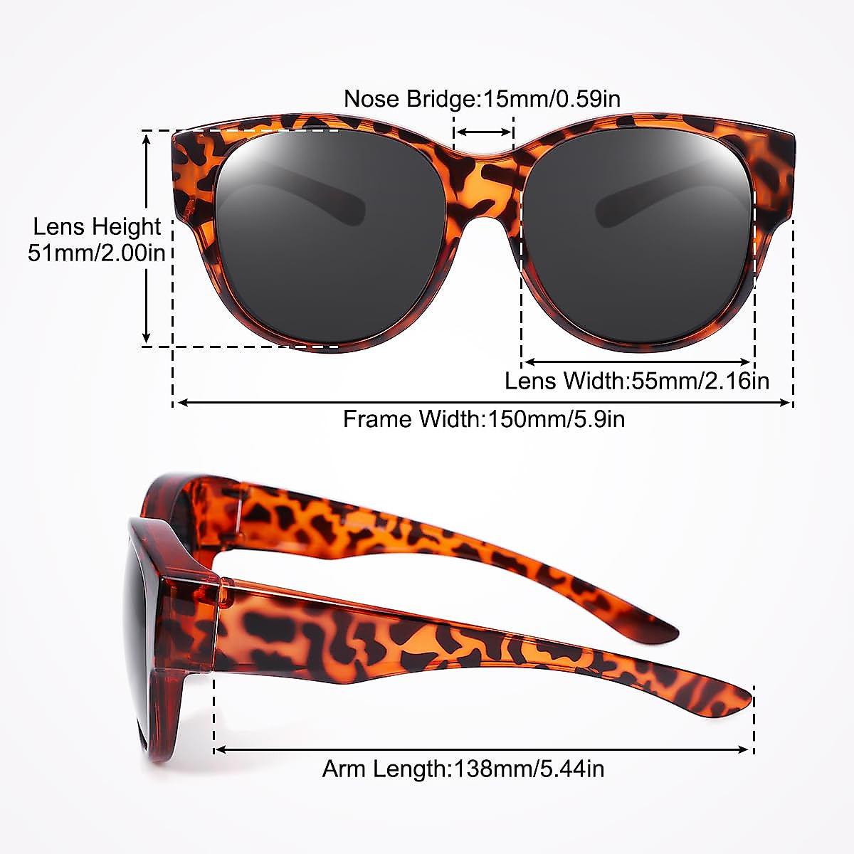 Br’Guras Oversized Polarized Fit over Sunglasses Over Glasses for Men and Women (Amber leopard, Black)