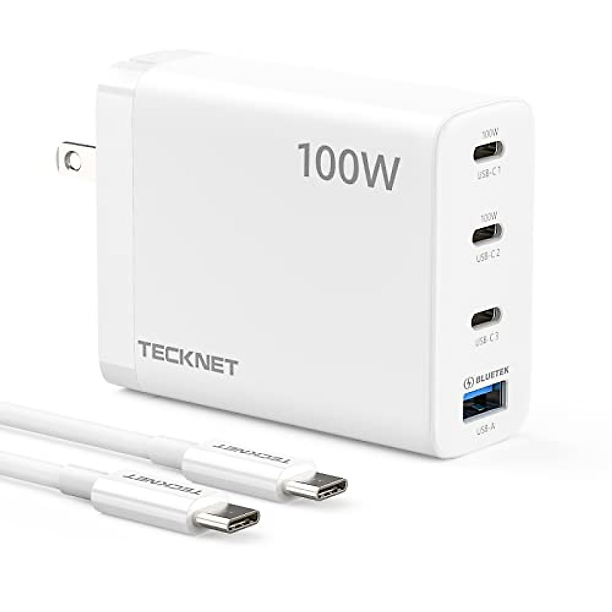 100W USB C Wall Charger, TECKNET GaN Ⅲ Portable USB-C Fast Charger Block with Type C Cable, PD Power Adapter for iPhone 14/14 Pro, MacBook Pro, iPad, AirPods, Dell XPS, Pixel, Samsung, PS5, Switch