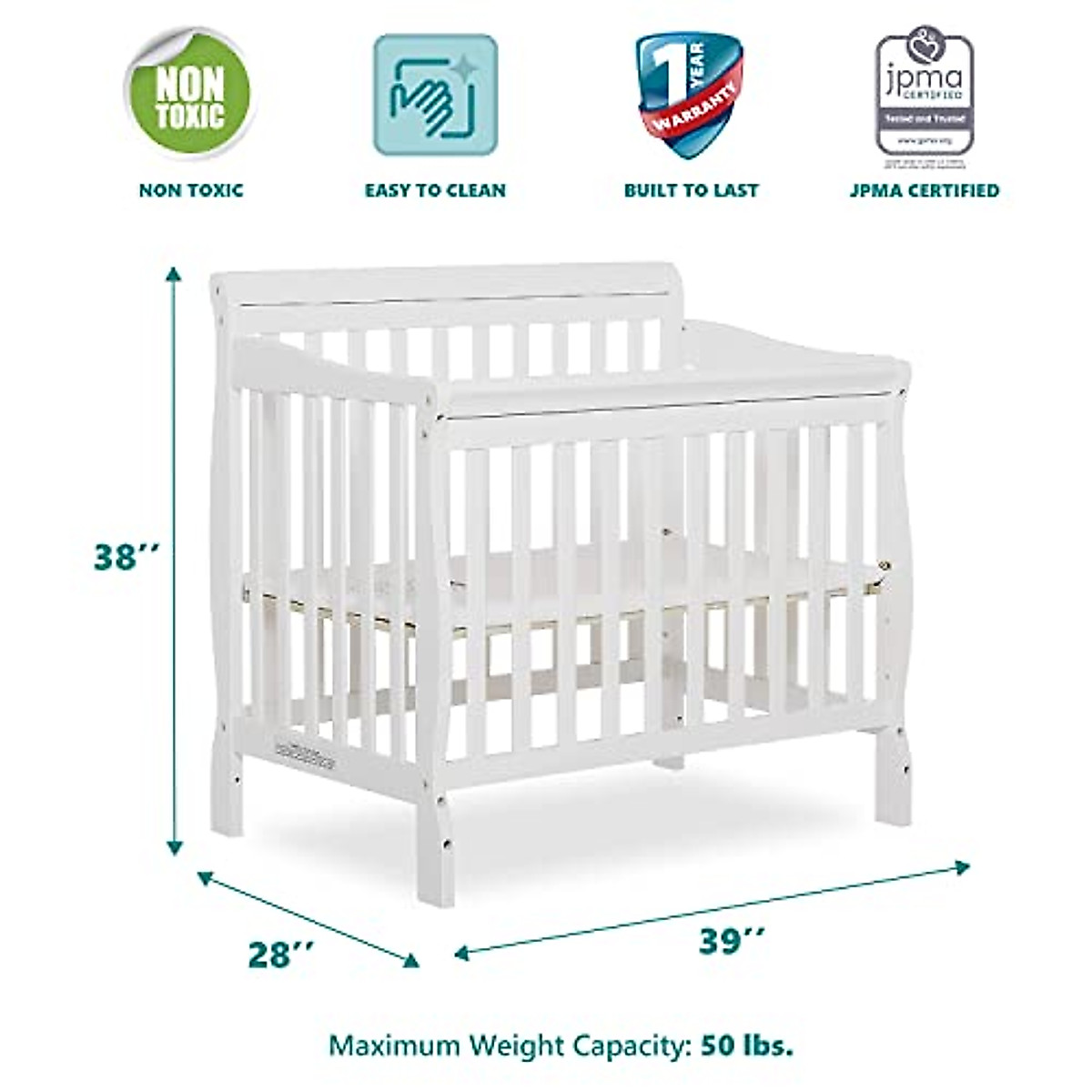 Dream On Me Aden 4-in-1 Convertible Mini Crib In White, Greenguard Gold Certified, Non-Toxic Finish, New Zealand Pinewood, With 3 Mattress Height Settings