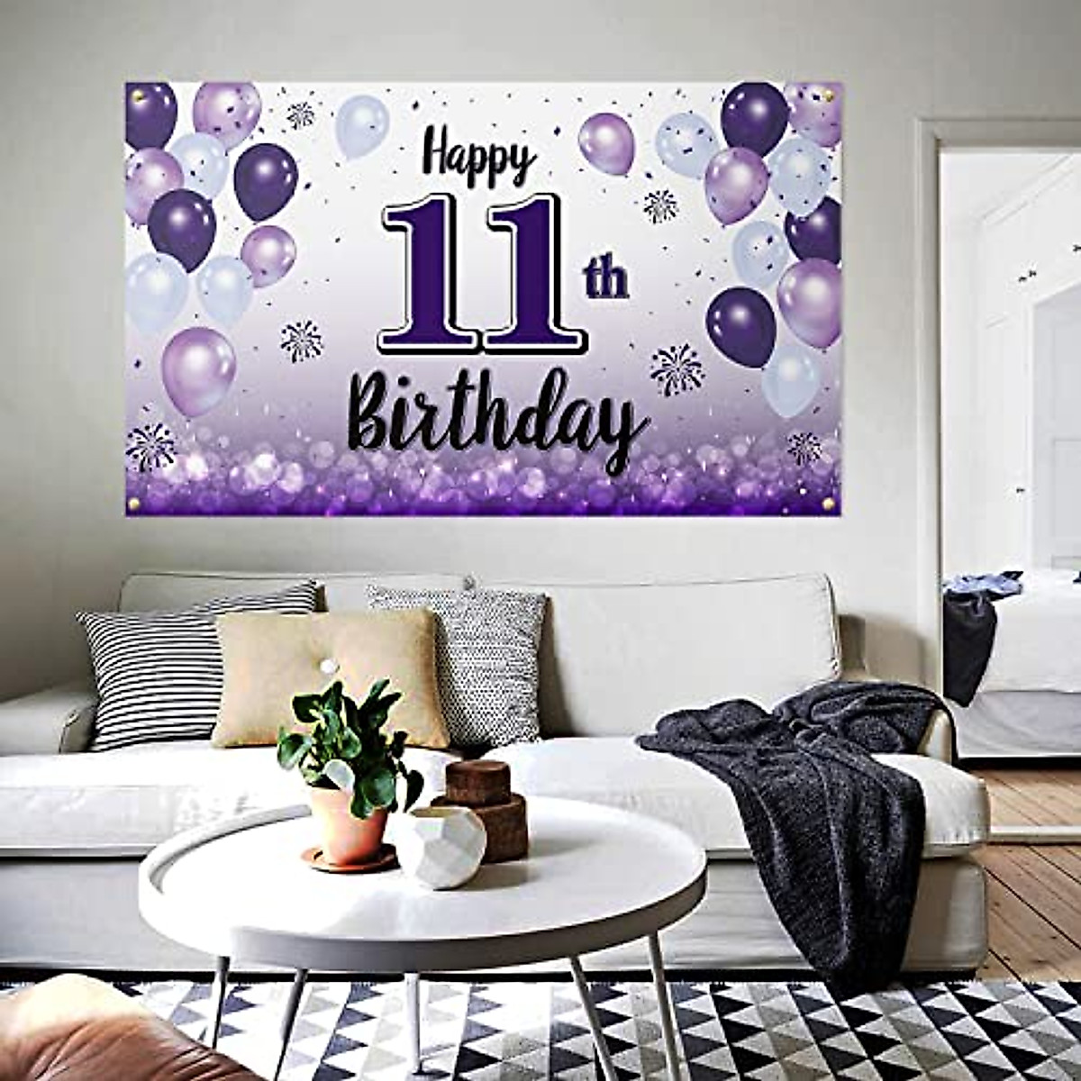 LASKYER Happy 11th Birthday Purple Large Banner - Cheers to Eleven Years Old Birthday Home Wall Photoprop Backdrop,11th Birthday Party Decorations.