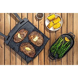 Ooni Cast Iron Grizzler Pan - Grill Frying Pan, 12" x 6" Griddle Plate with Removable Handle and Stainless Steel Trivet, Pre-Seasoned Non-Stick Oven Safe Cookware, Pizza Oven and BBQ Accessories