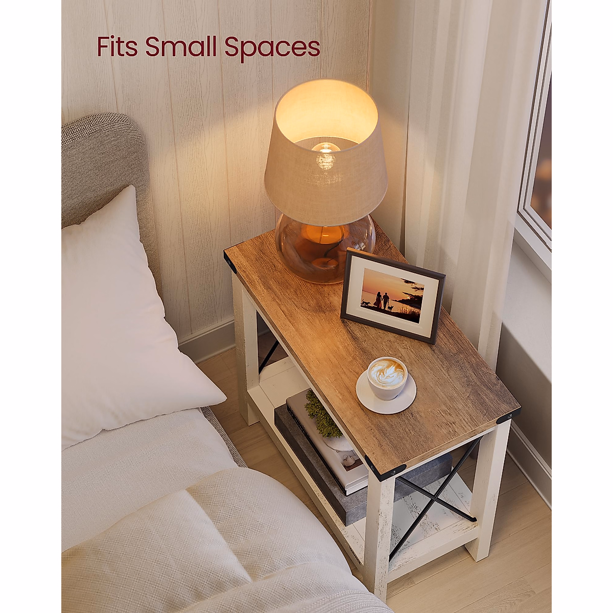 VASAGLE 2-Tier End Table, Side Table with Bottom Shelf, Nightstand for Small Spaces, for Living Room, Bedroom, Farmhouse Style, Rustic White and Honey Brown ULET235W01