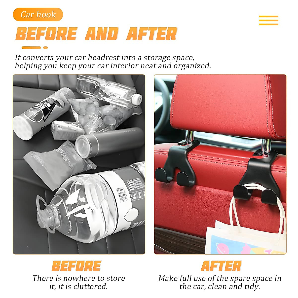 AICEL Car Seat Headrest Hook, 4 Pack Purse Hooks for Auto, 2 in 1 Durable Seat Back Hanger, Storage Organizer Phone Holder for Automotive Interior, Universal for Handbag Coat Grocery (Black)