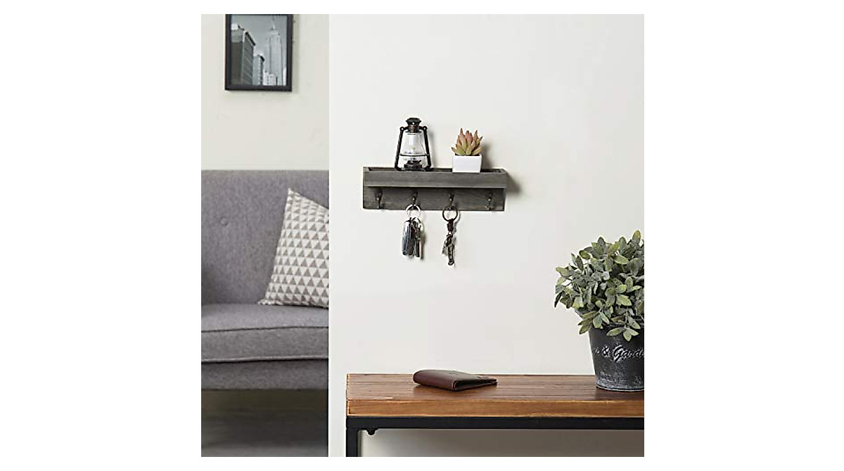 Vintage Gray Wall Mounted Key Holder & Shelf for Entryways
