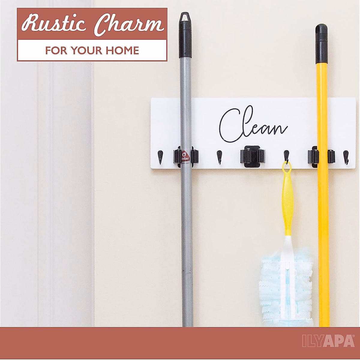 Ilyapa Broom Organizer Wall Mount, Broom and Mop Organizer Wall Hanging, White Wooden Broom Hanger Wall Mount, Kitchen Laundry Room Broom Storage Rack Holder, Farmhouse Broom Organizer with Hooks